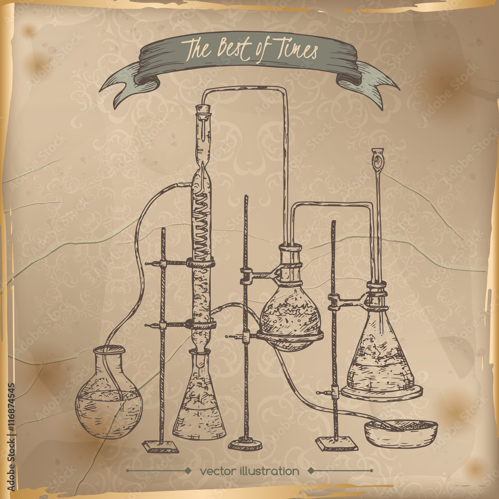 Antique chemistry lab equipment sketch placed on old paper background ...