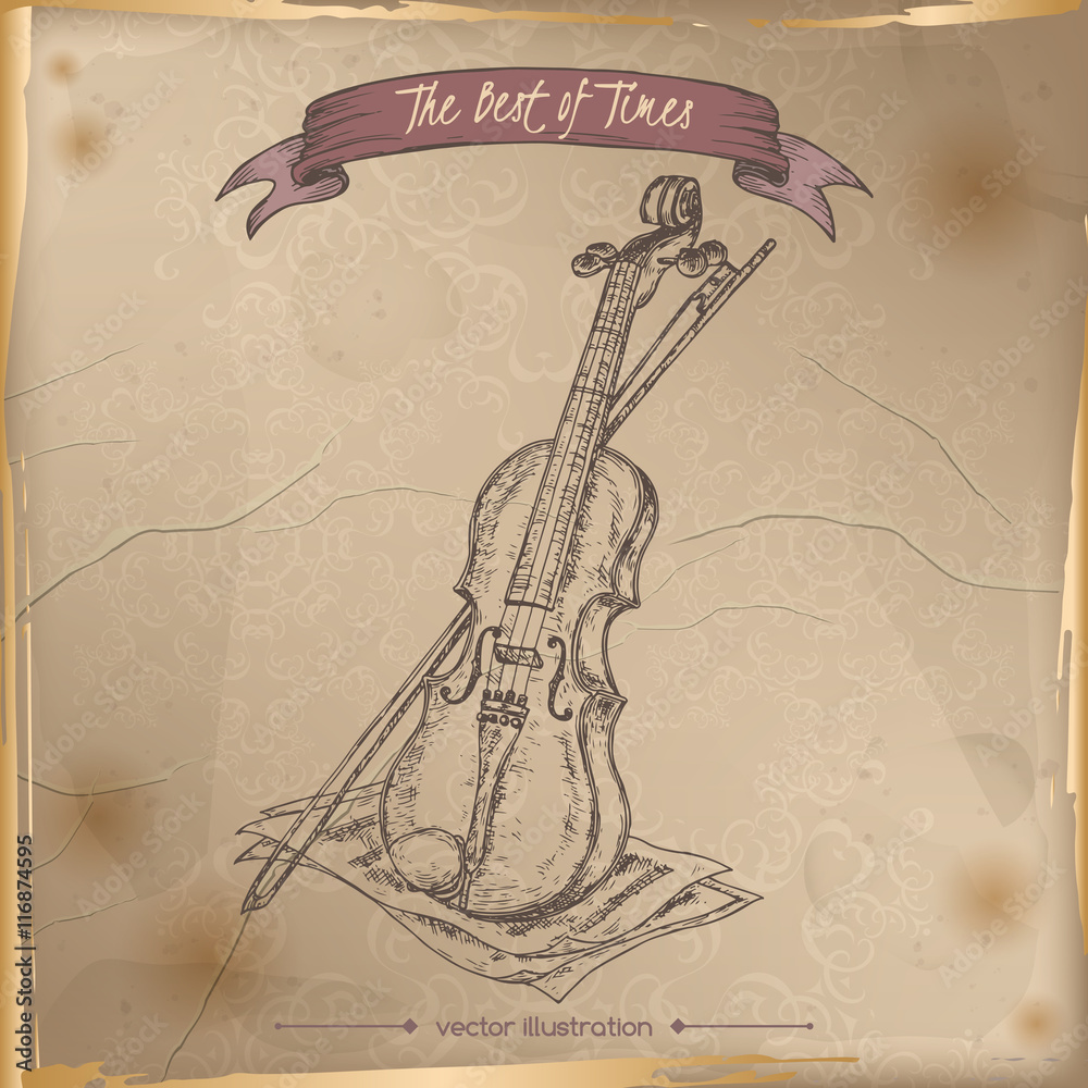 Antique violin hand drawn sketch placed on old paper background. Stock ...