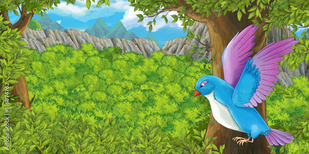 Cartoon bird flying in the forest - illustration for children Stock ...