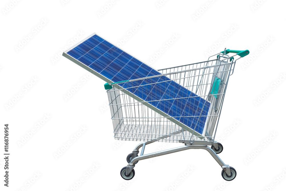 Photovoltaic solar panel module in shopping trolley cart isolated on ...