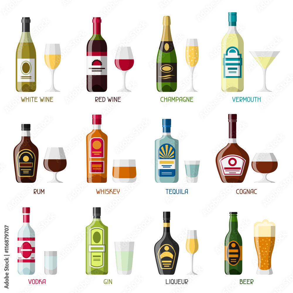 Alcohol drinks icon set. Bottles, glasses for restaurants and bars ...