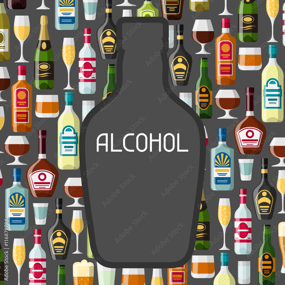 Alcohol drinks background design. Bottles, glasses for restaurants and ...