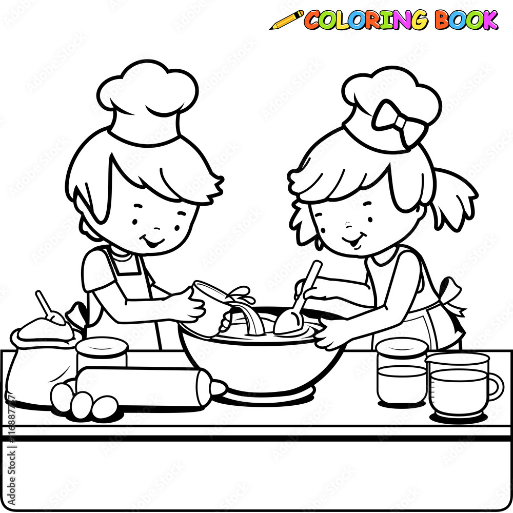 Children cooking in the kitchen. Vector black and white coloring page ...