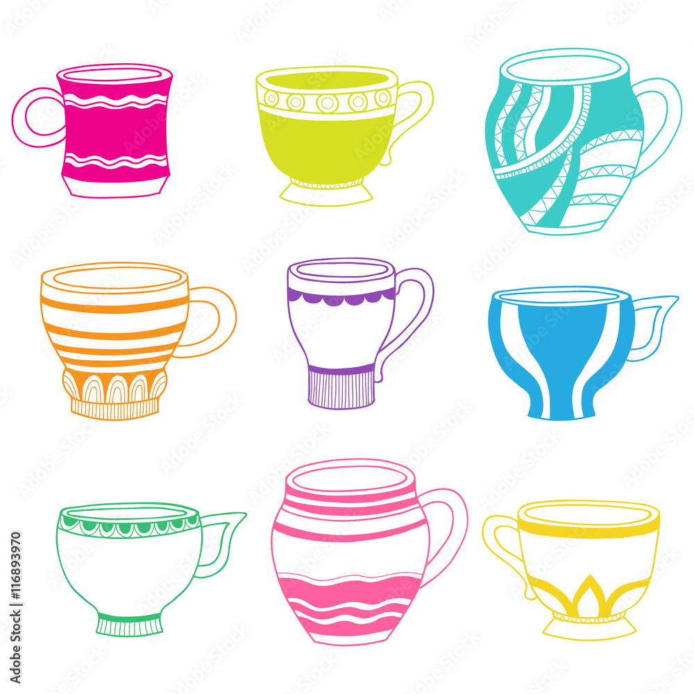 Vector doodle of cartoon cups for tea or coffee on white backgro Stock ...