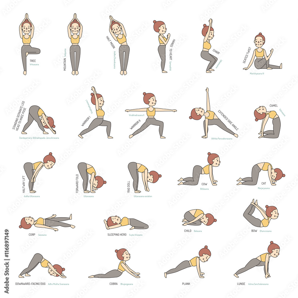 Yoga basic poses with names colored vector set with woman. Stock Vector ...