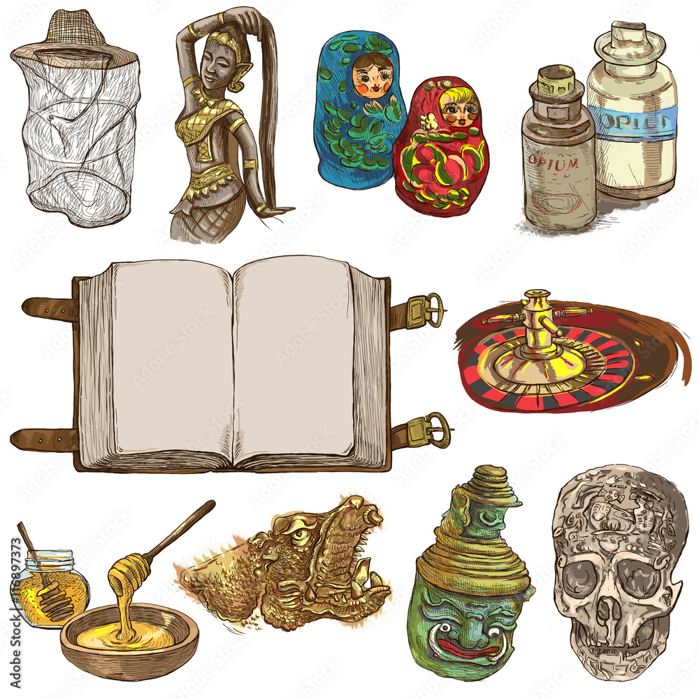 OBJECTS. Different things and art objects. Collection of hand drawn ...