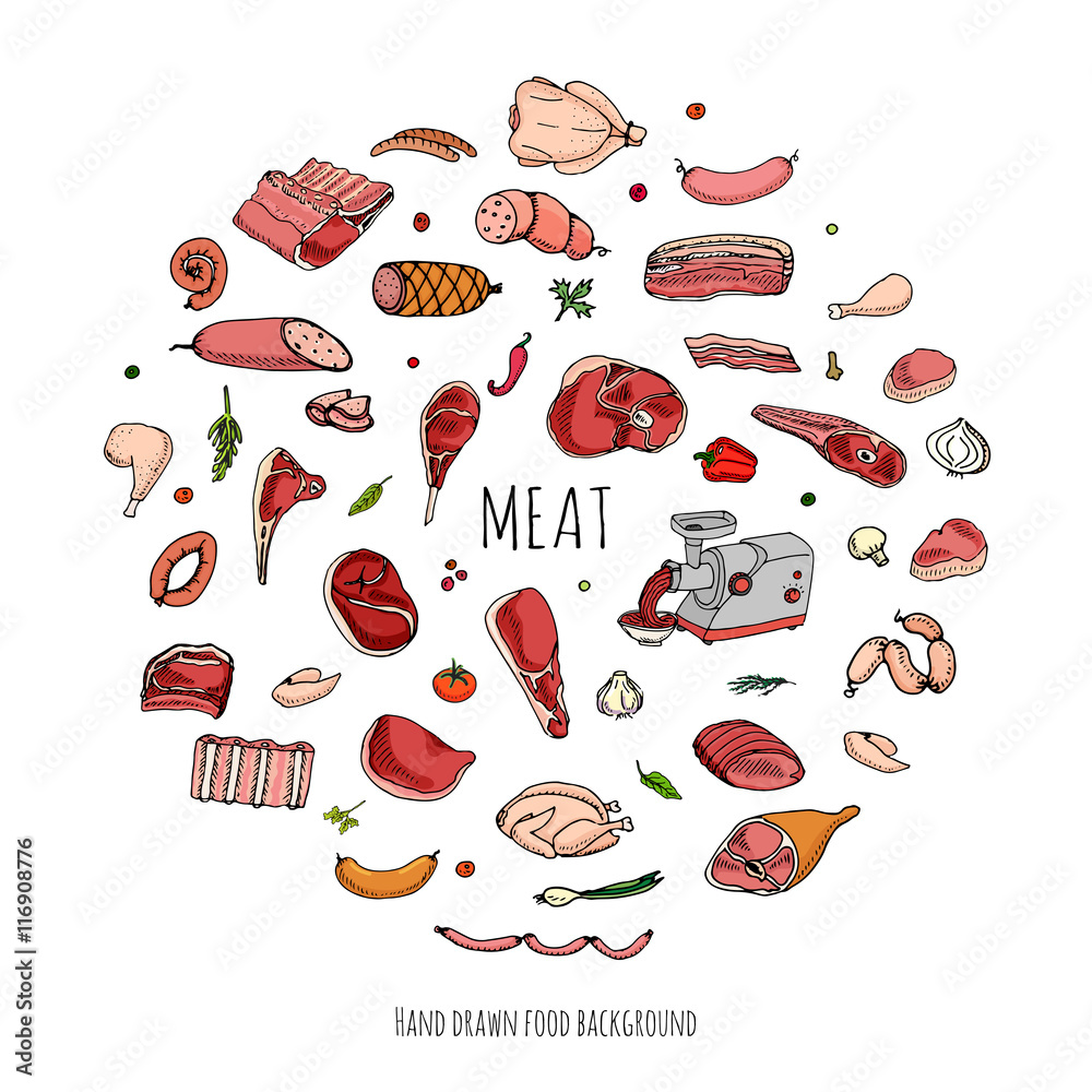 Hand drawn doodle set of cartoon different kind of meat and poultry ...