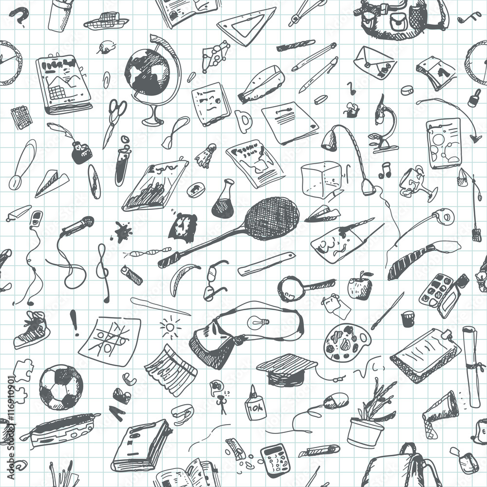 Hand drawn doodle school objects seamless pattern. Gray pencil objects ...