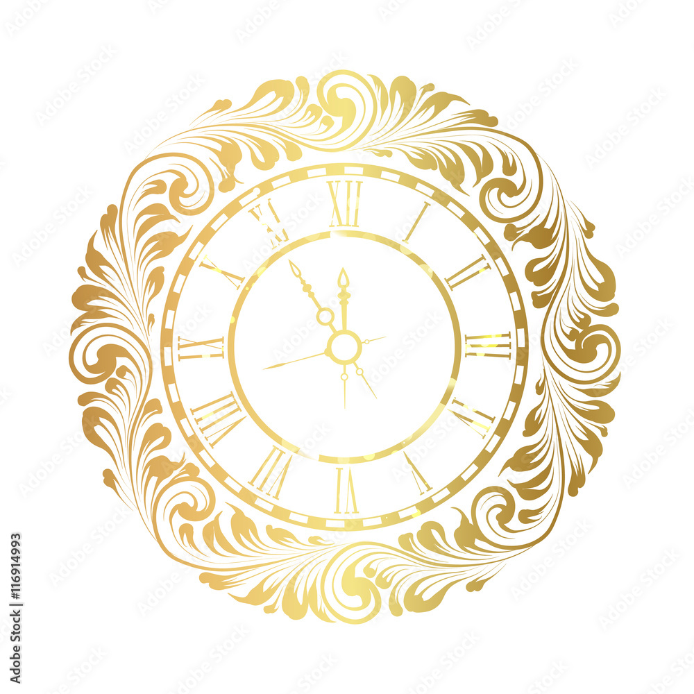2017 New Year white background with golden clock. Old clock with roman ...