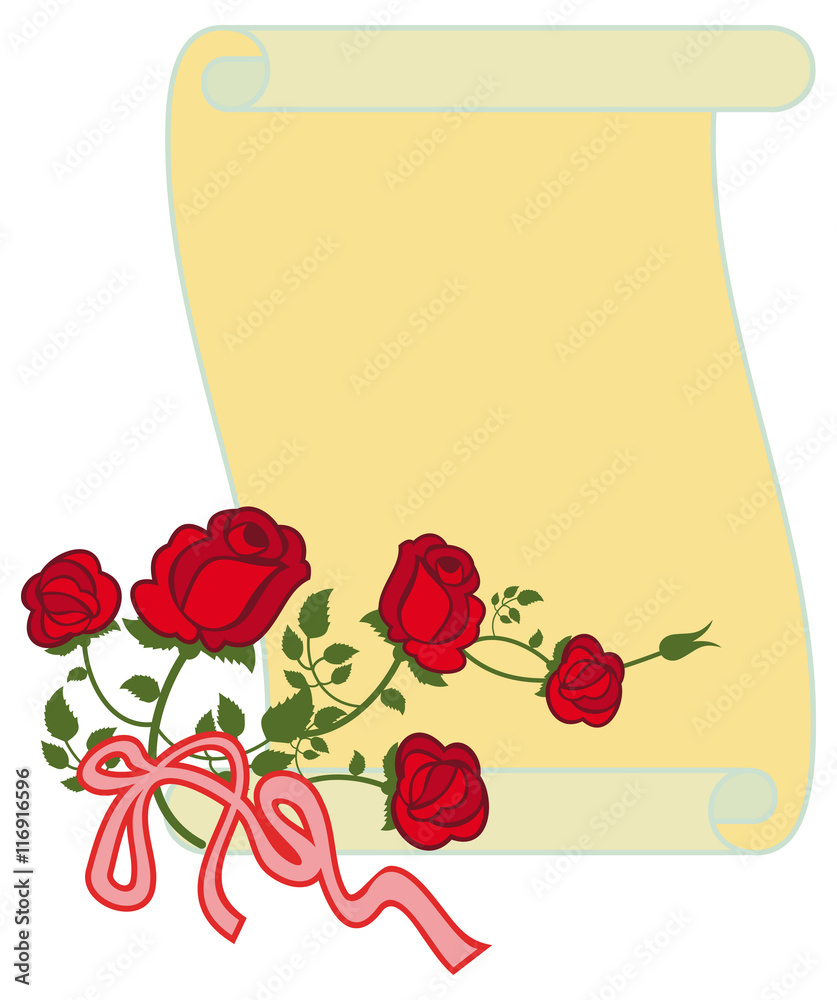 Paper scroll with red roses. Vector clip art. Stock Vector | Adobe Stock