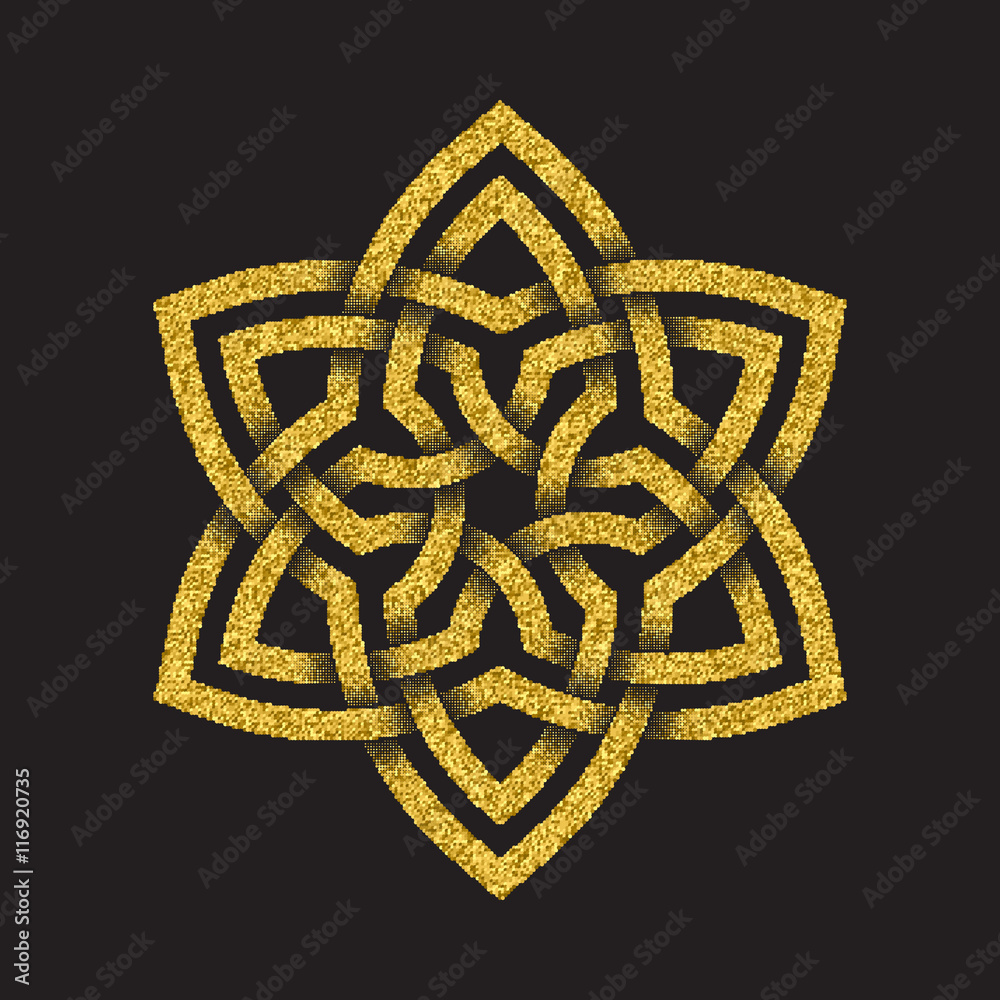 Golden glittering logo template in Celtic knots style on black background. Tribal symbol in ...