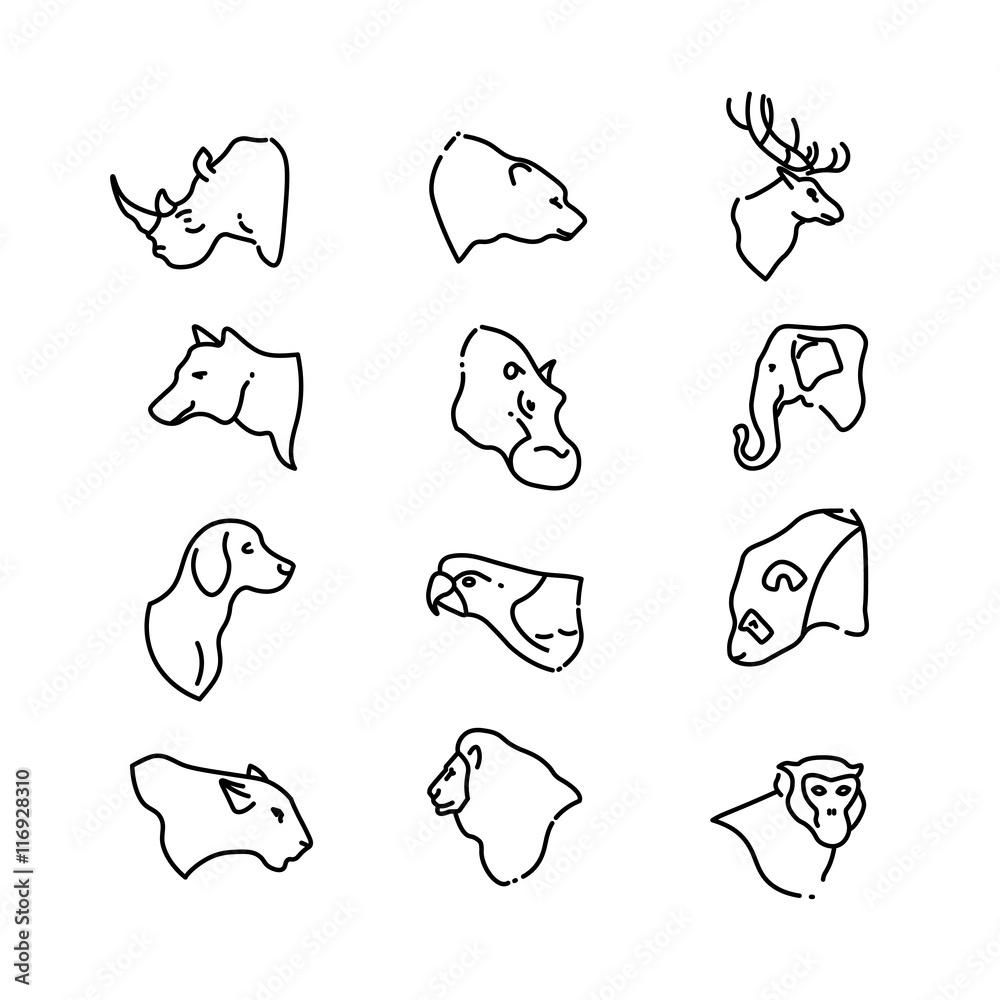 Animal heads vector thin line flat icons Stock Vector | Adobe Stock