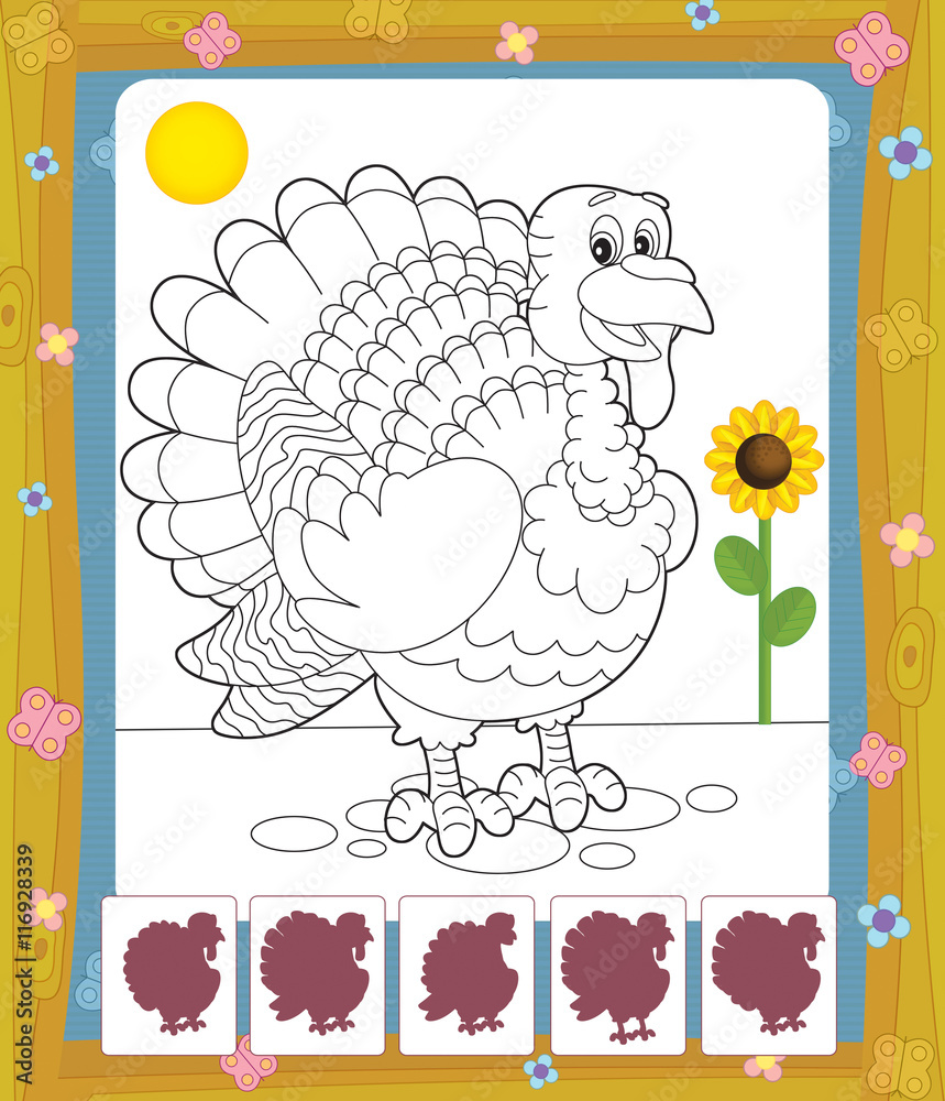 Cartoon turkey - coloring page with shadow matching - isolated ...