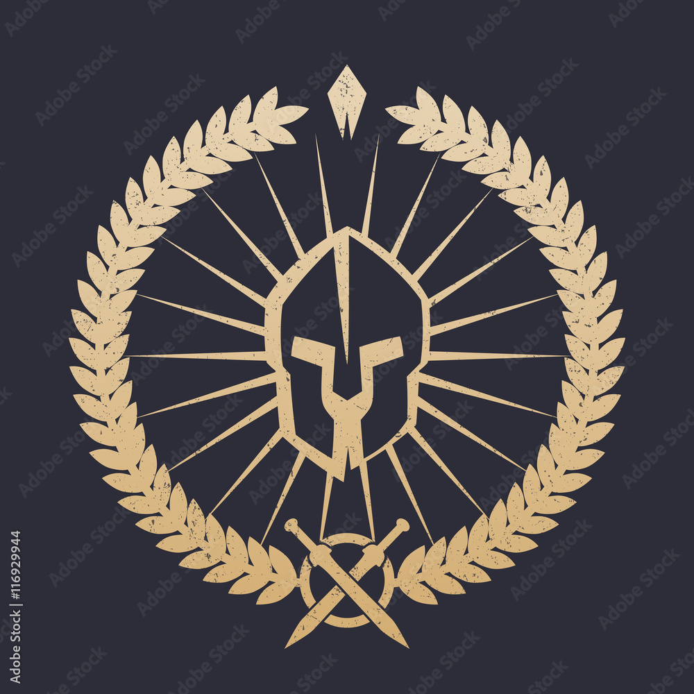 emblem, logo with spartan helmet, gold on dark, grunge can be easily ...