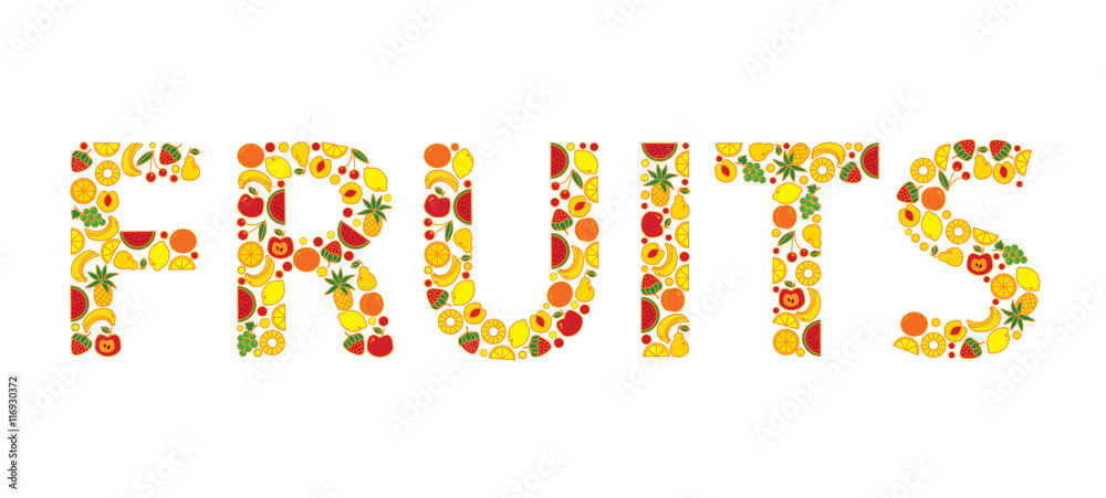 Word FRUITS isolated on white Stock Vector | Adobe Stock