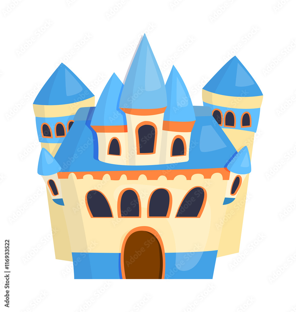Cartoon fairy tale castle tower icon. Cute cartoon castle architecture ...