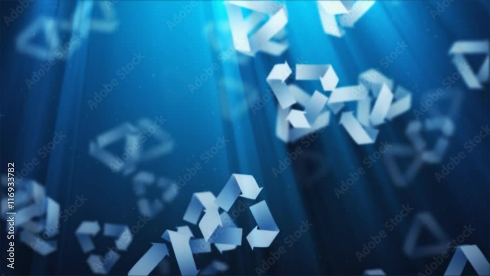 Loopable underwater background with recycle symbols floating up like ...