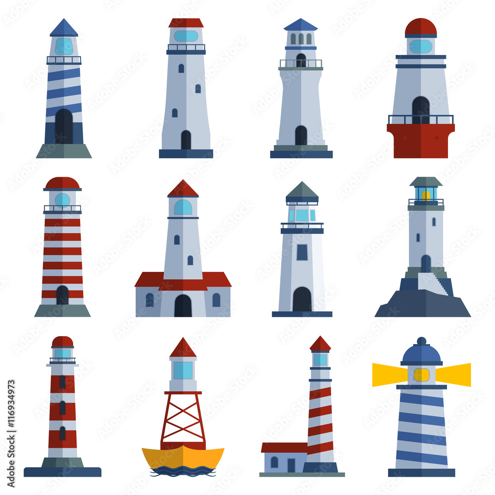 Vector set of cartoon flat lighthouses. Searchlight towers for maritime ...