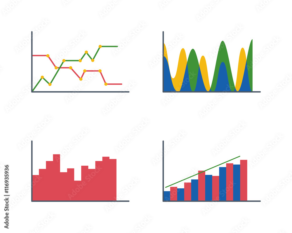 Business data graph analytics vector elements. Bar pie charts diagrams and graphs flat icon ...