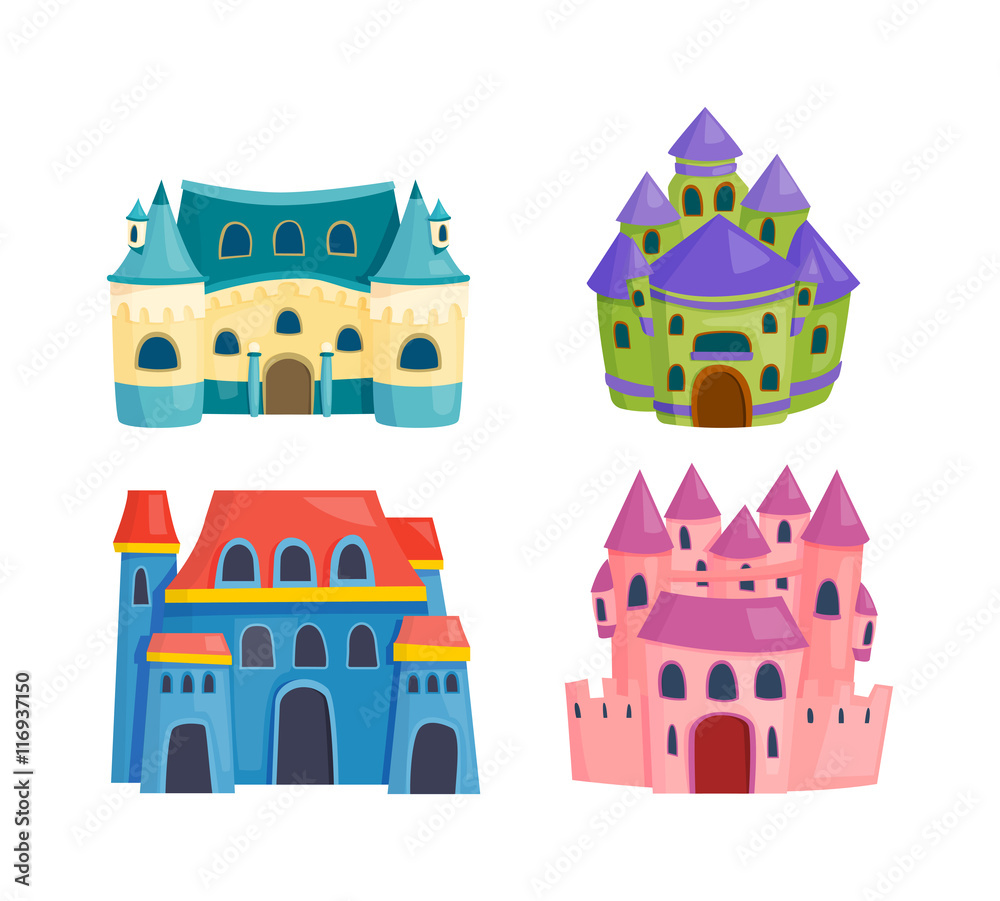 Cartoon fairy tale castle tower icon. Cute cartoon castle architecture ...