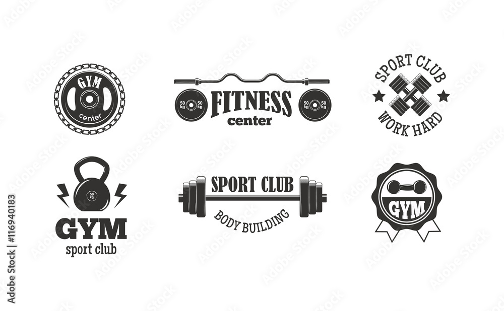 Set of monochrome gym fitness emblems, labels, badges, logos and ...
