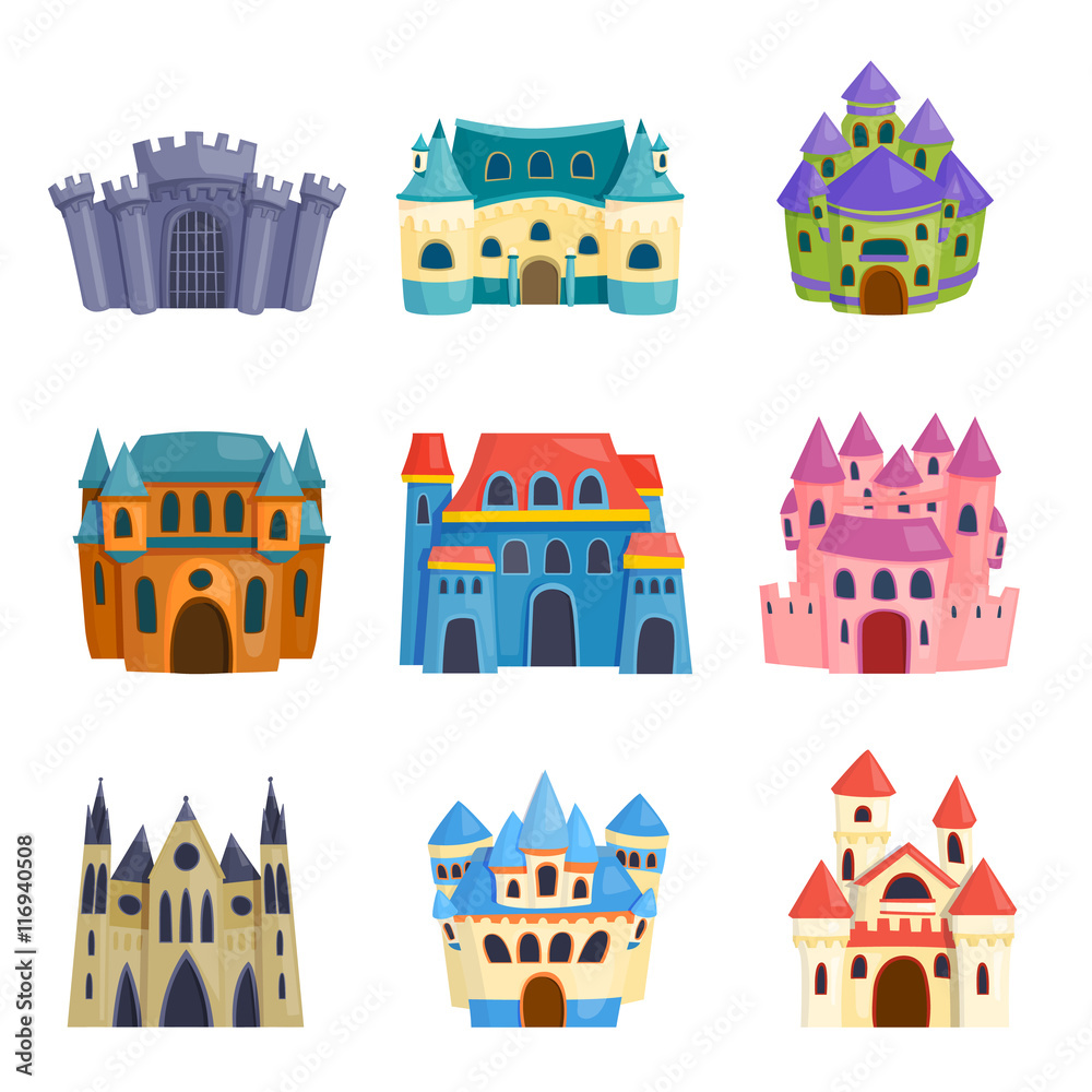 Cartoon fairy tale castle tower icon. Cute cartoon castle architecture ...