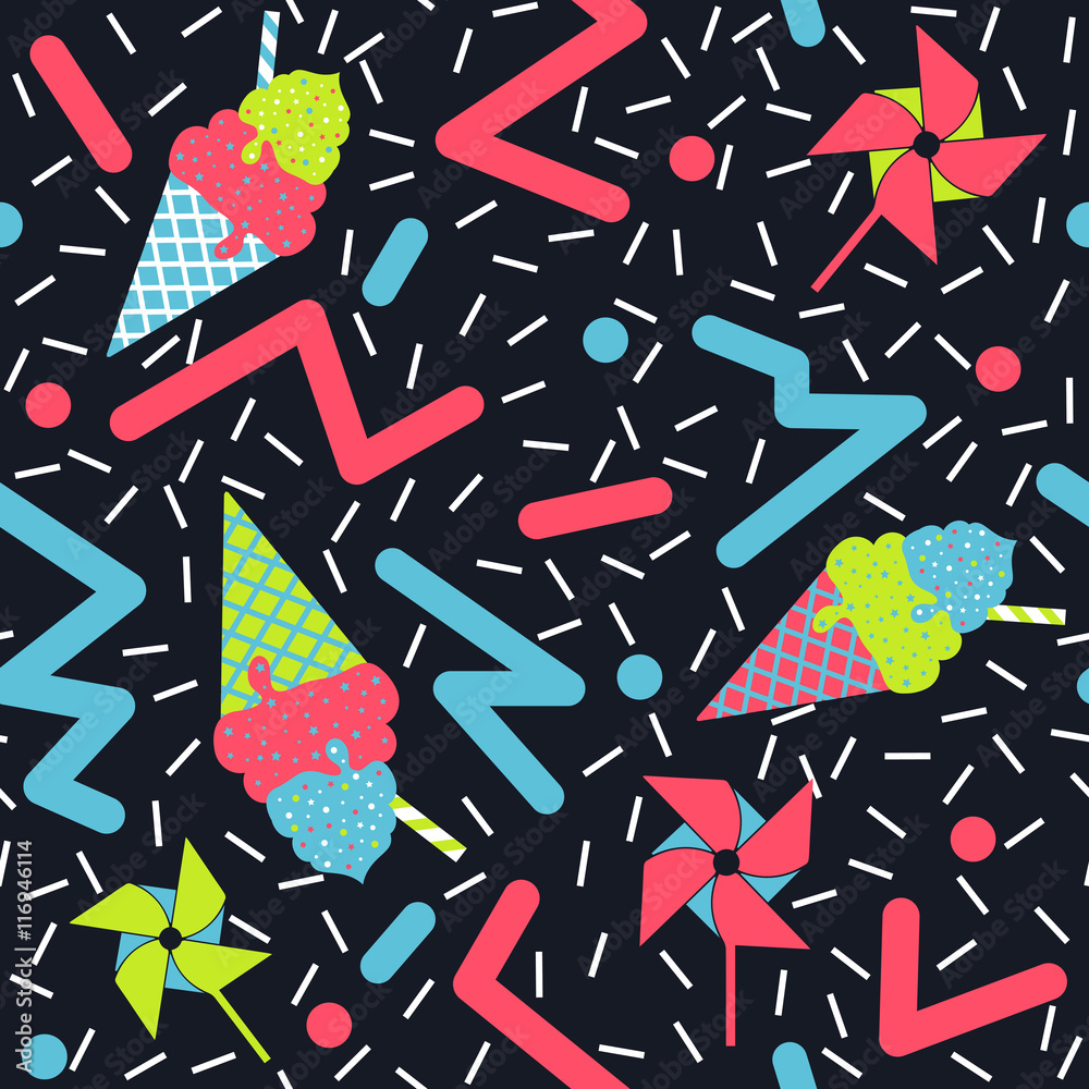 80's Summer Pattern - Funky seamless retro pattern featuring ice cream ...