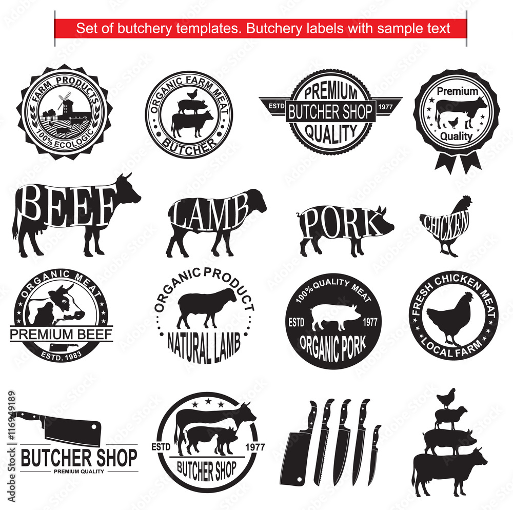 Set of butchery templates. Butchery labels with sample text Stock ...