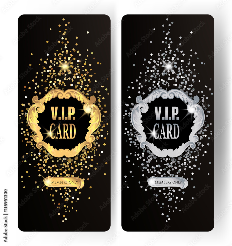 Sparkling VIP gold and silver vertical cards with vintage frame. Stock ...