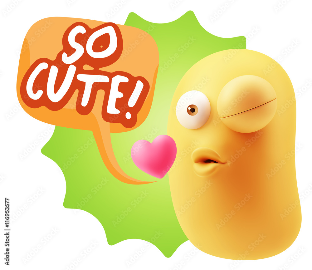3d Rendering. Kiss Emoticon Face saying So Cute with Colorful Sp Stock ...