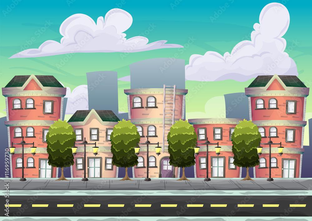 Cartoon vector urban landscape with separated layers for game and ...