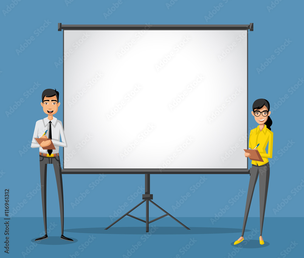 Cartoon business people and white billboard with empty space ...