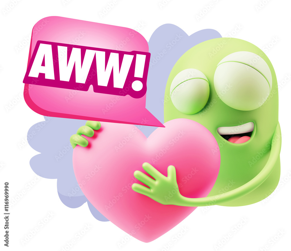 3d Rendering. Emoji in love holding heart shape saying Awww with Stock ...