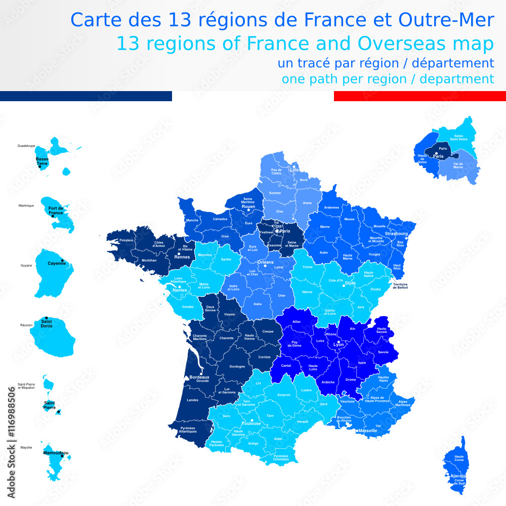 Carte des 13 régions de France et outre-mer bleue avec le nom des ...