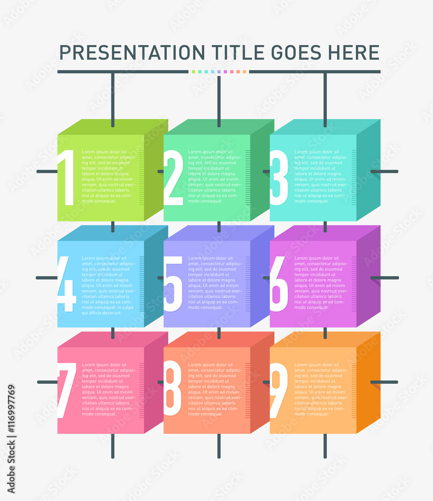 Modern Minimal style infographic template with 9 coloured info boxes on ...