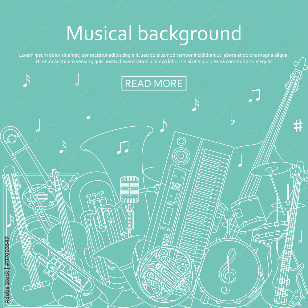 Musical background made of different musical instruments, treble clef ...