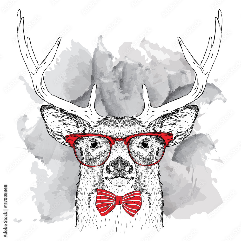 Portrait of deer with glasses and cravat. Vector illustration. Stock ...