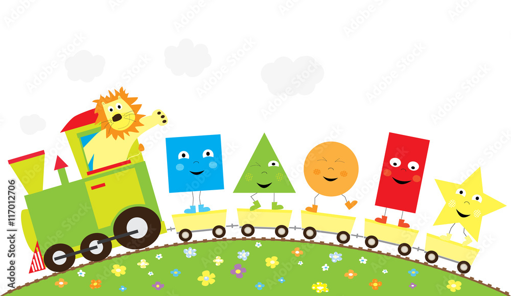 Cartoon train with happy lion and smiling, dancing basic geometrical ...