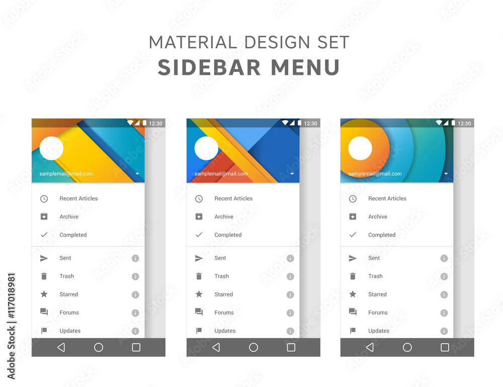Vector set of material design sidebar menu templates. Mail agent ui ... Vector set of material design sidebar menu templates. Mail agent ui ...