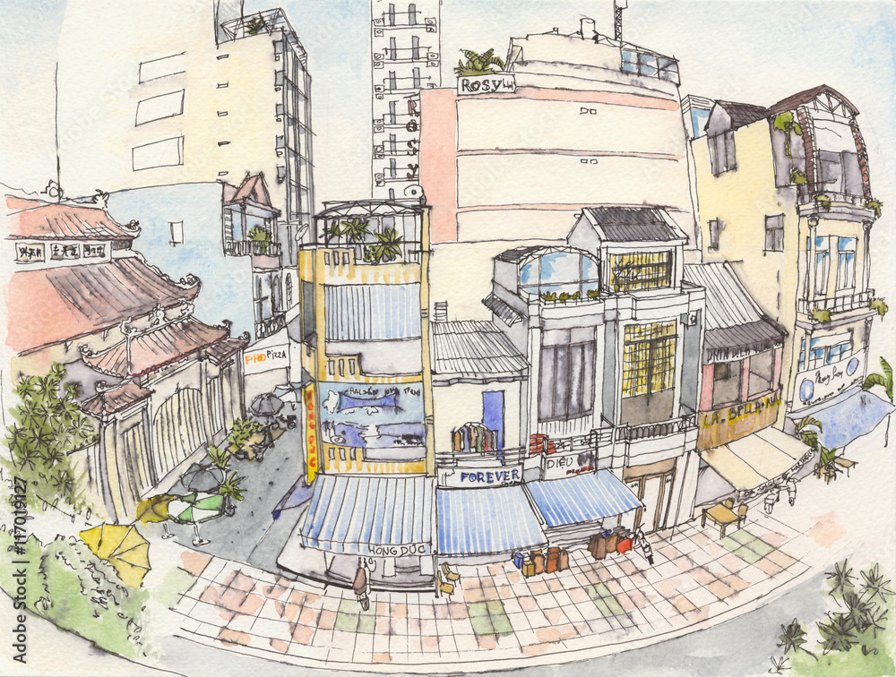 Watercolor drawing of an asian street Stock Illustration | Adobe Stock
