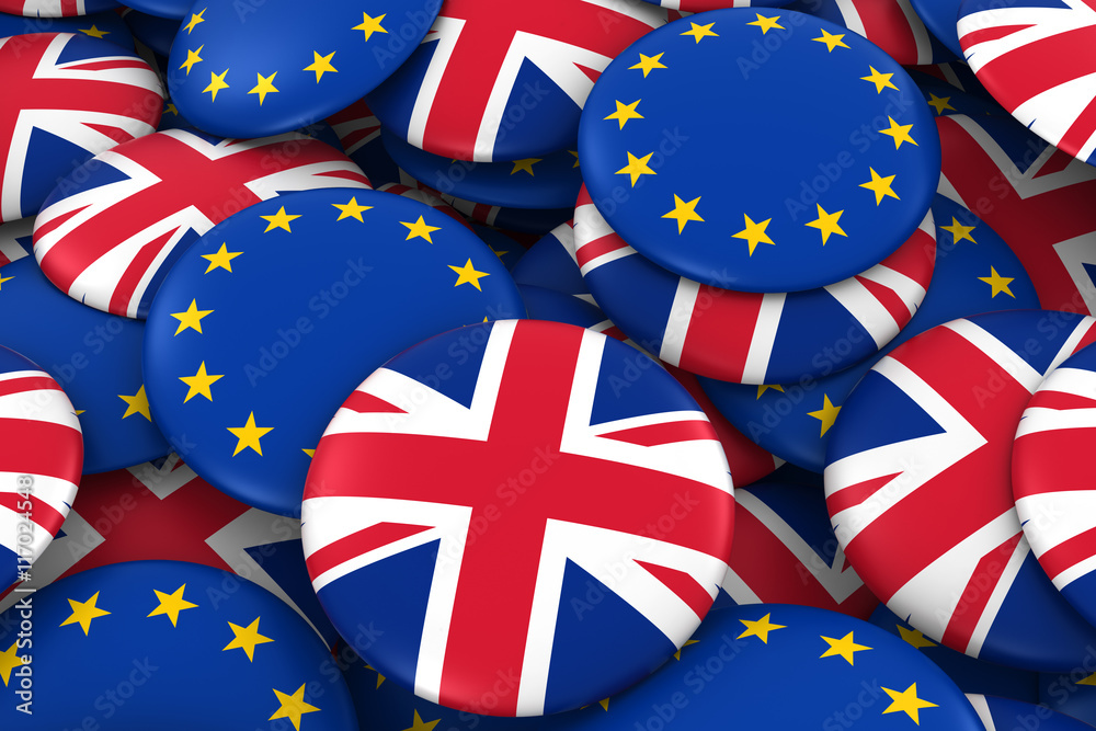United Kingdom and Europe Badges Background - Pile of British and ...