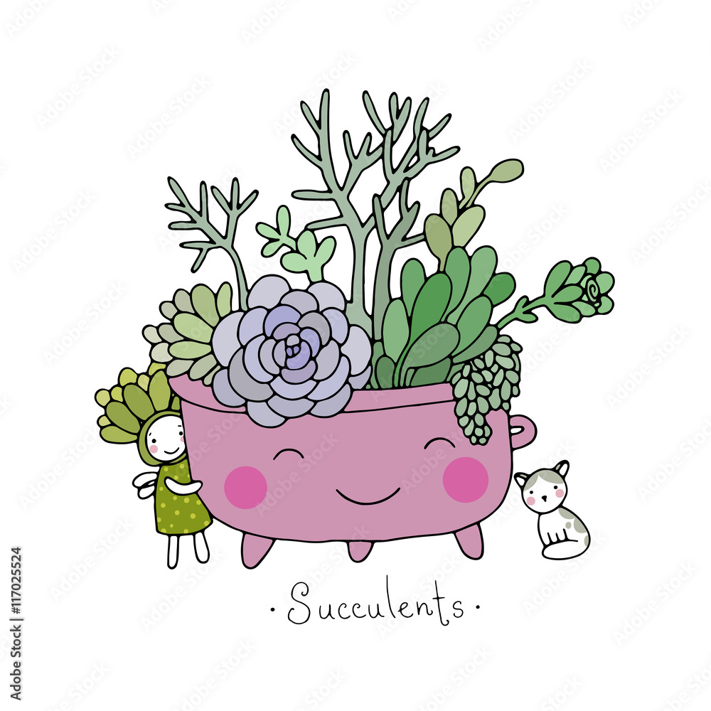 Cartoon cute succulents in pot. Stock Vector | Adobe Stock