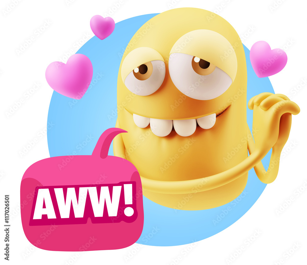 3d Rendering. Emoji in love with hearts shapes saying Awww with Stock ...
