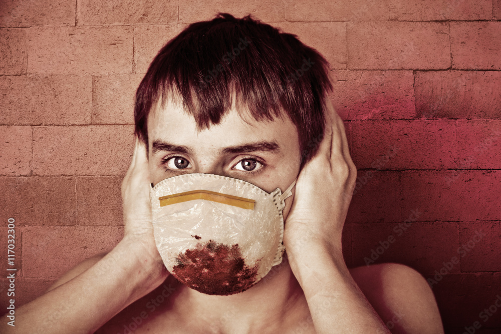 Young Teen Boy Wearing Blood Soaked Surgical Mask Stock Photo | Adobe Stock