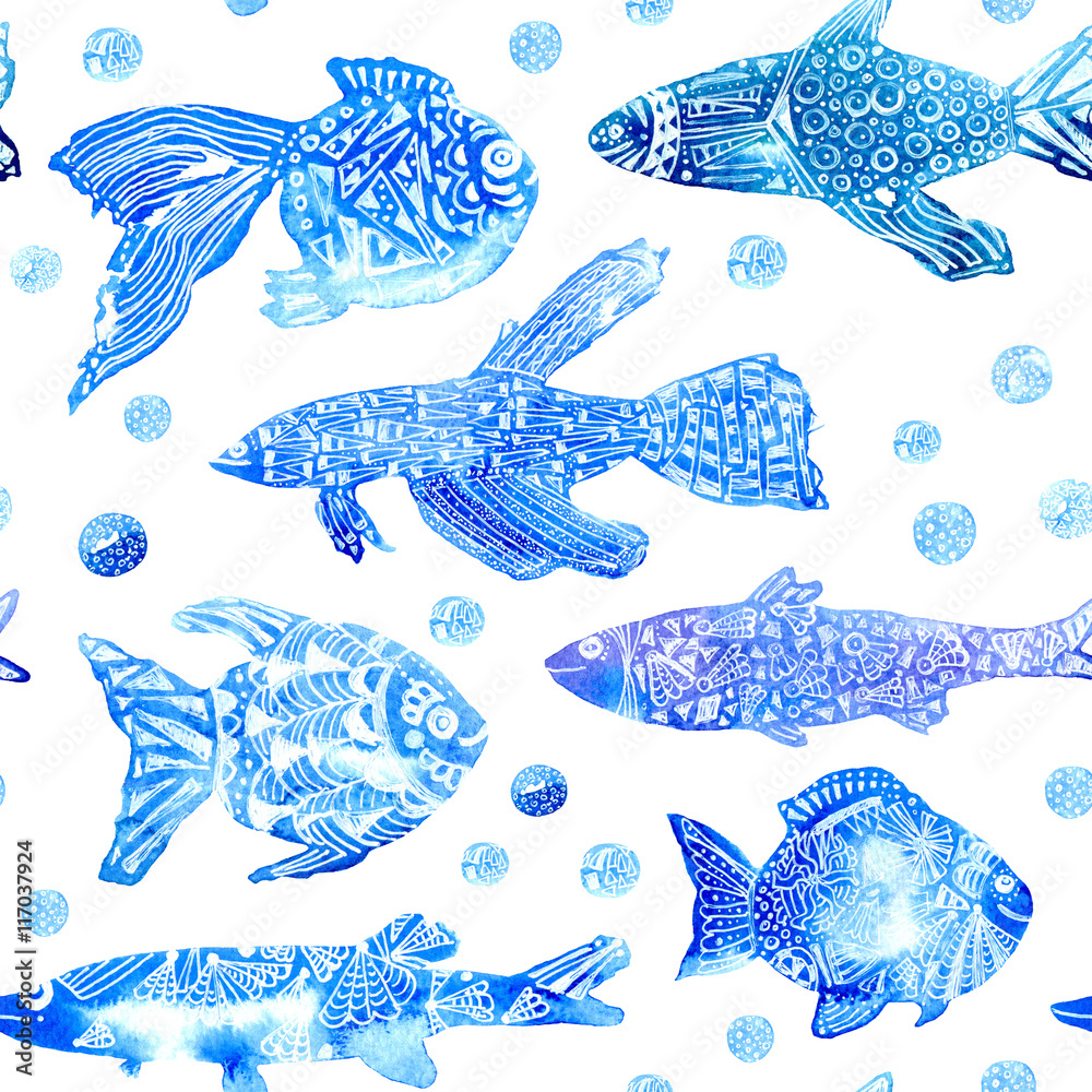 seamless pattern with stylized fish and bubbles. watercolor hand drawn ...