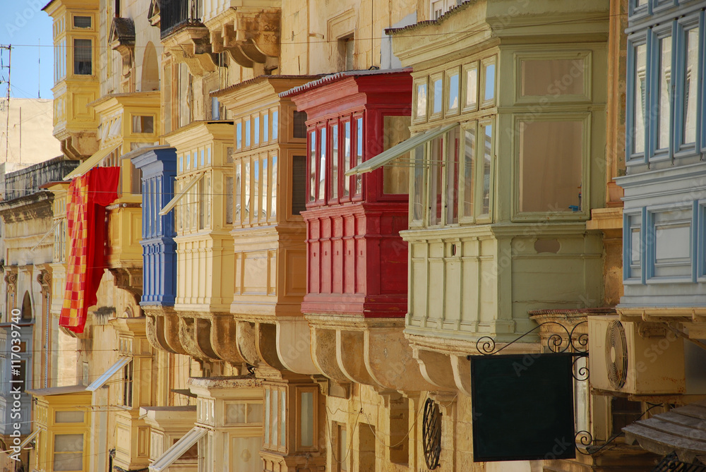 Maltese typical balconies, architectural style of Valletta, capital of ...