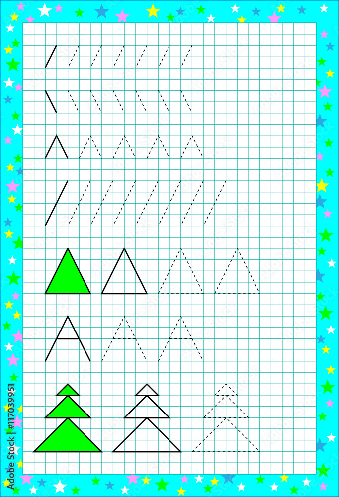 Page with exercises for young children on a square paper. Developing ...