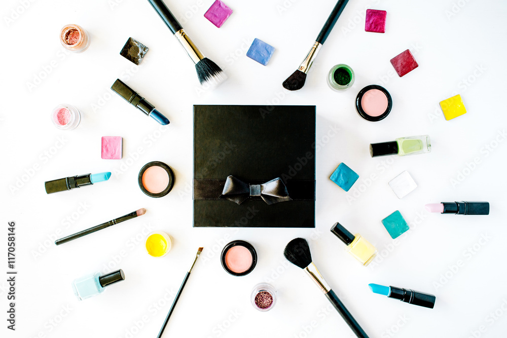 flat lay female cosmetics collage box with lipstick, brush on white ...