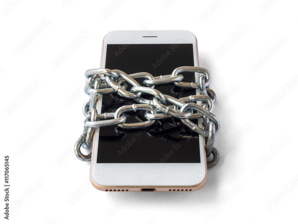 Modern mobile phone with chain locked isolate on white background with ...