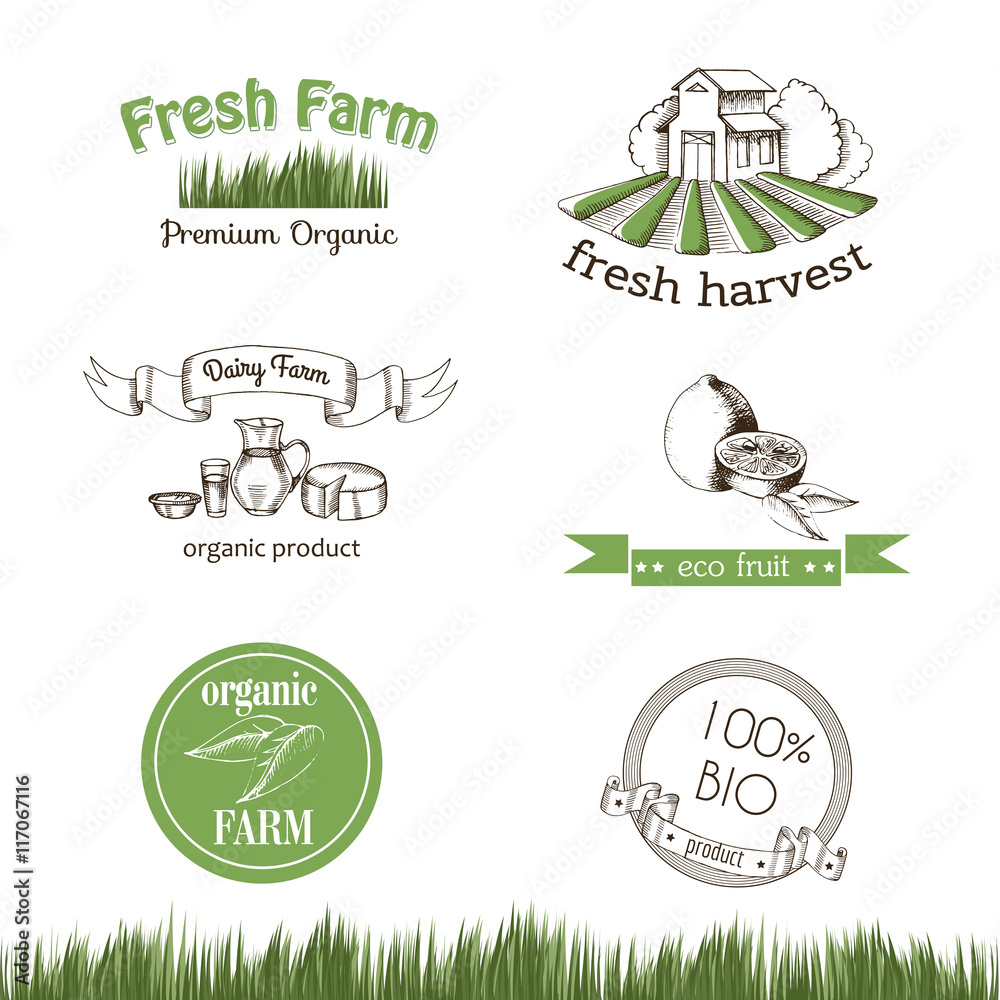 Set of stickers and logos for organic products and fresh farm. Vector ...
